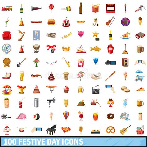 100 Festive Day Icons Set Cartoon Style Stock Vector Illustration Of