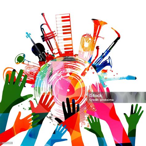손 악기 비닐 레코드 디스크가 있는 다채로운 음악 홍보 포스터 뮤직 페스티발에 대한 스톡 벡터 아트 및 기타 이미지 뮤직 페스티발 음악 Classical