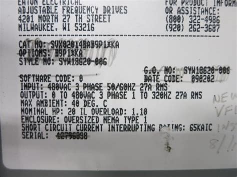 Eaton Svx015a1 4a1b1 20 Hp Svx9000 Ac Vs Drive Svx 9000 20hp 480v