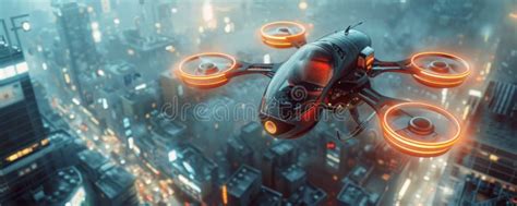 Futuristic Medical Drone With Sensors Flying Through A City Providing