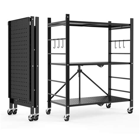 Himix Storage Shelves With 6 Hooks 3 Tier Foldable Shelf With Wheels