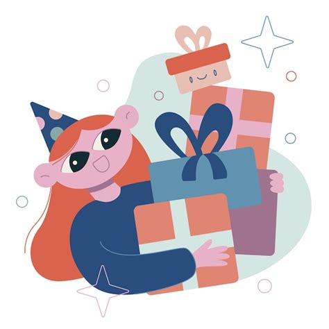 흰색에 고립 된 벡터 귀여운 평면 그림 소녀는 선물 상자를 많이 운반 프리미엄 벡터