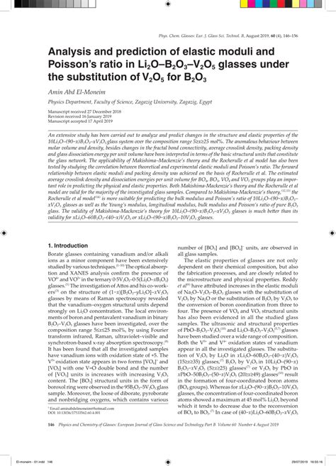 Pdf Analysis And Prediction Of Elastic Moduli And Poissons Ratio In Li2ob2o3v2o5 Glasses