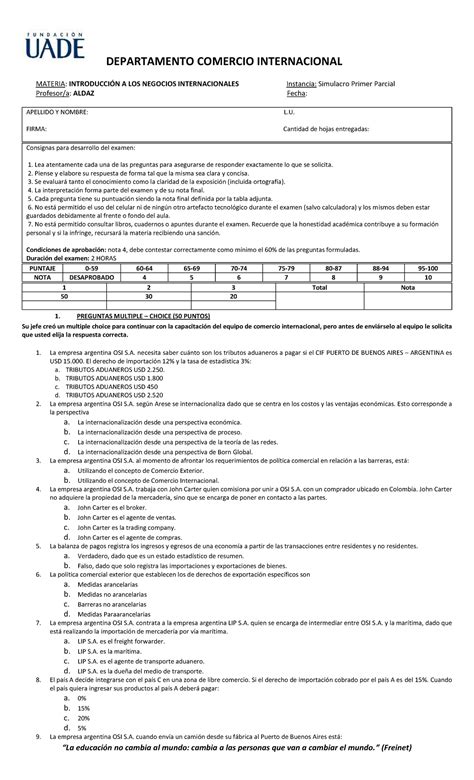 UADE INI Examen Primer Parcial Simulacro La educación no cambia