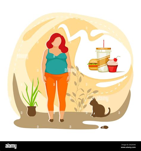 Obese Woman Think To Junk Food Bad Habits Hungry Concept Unhealthy
