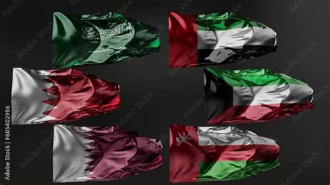 Flags Of Gulf Cooperation Council Waving In The Wind GCC National