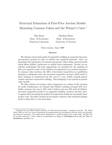 Pdf Structural Estimation Of First Price Auction Models Measuring Common Values And The