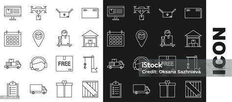 세트 라인 나무 상자 항구 포트 크레인 창고 교통 기호골판지 지도 용지에 자리 표시자 달력 컴퓨터 모니터 응용 프로그램 배달 추적 및 스케일 판지 아이콘 벡터 0명에 대한