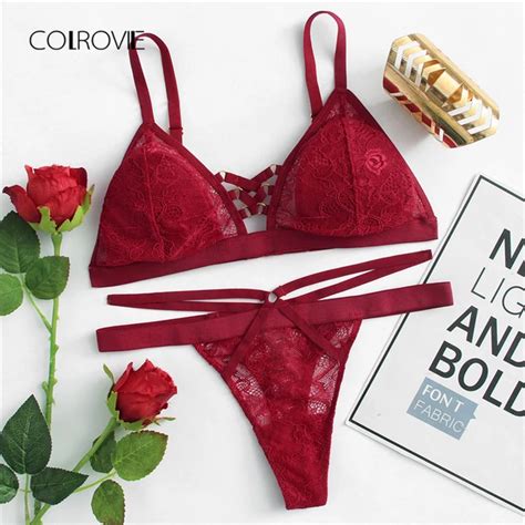 Colrovie Ring Detail Lace Lingerie Set 2018 New Summer Red Sexy Bra Set