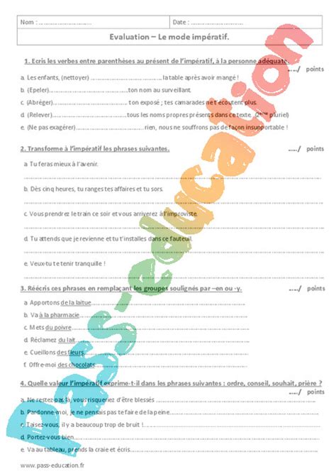Evaluation Impératif 5ème Bilan et controle corrigé Pass Education