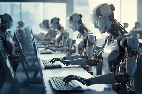 Ai Robots Using Multiple Computers Working Monitoring Data In Office
