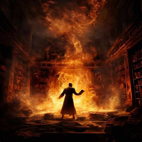 Flames Consuming Ancient Book Laden Shelves In The Library O By