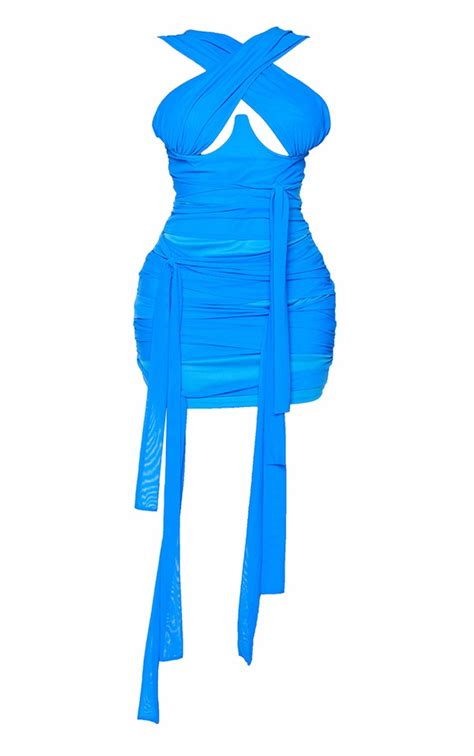Shape Cobalt Mesh Wrap Neck Tie Bodycon Dress Prettylittlething Ca