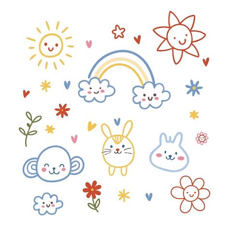 무지개 태양 구름과 태양을 포함한 다채로운 이미지의 컬렉션 프리미엄 벡터