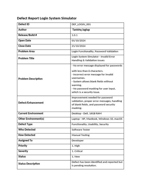 Defect Report For Login Simulator Pdf