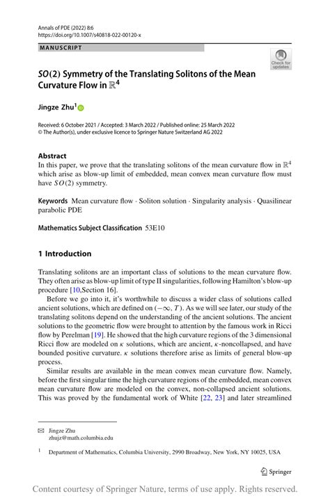 So2 Symmetry Of The Translating Solitons Of The Mean Curvature Flow In R4documentclass 12pt