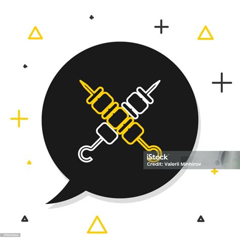 라인 교차 꼬치 스틱 아이콘에 구운 Shish 케밥은 흰색 배경에 격리되어 있습니다 꼬치에 고기 케밥이 붙어 있습니다 그릴 고기로 피크닉 다채로운 윤곽선 개념 벡터 고기에