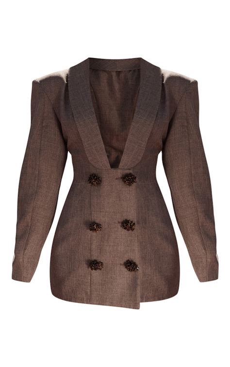 Plt Label Brown Textured Plunge Blazer Dress Prettylittlething