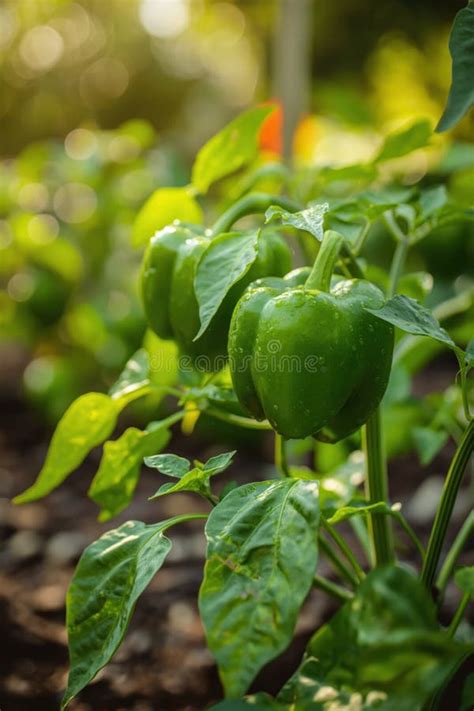Vibrant Green Bell Pepper Plant With Hanging Fruits Surrounded By Lush