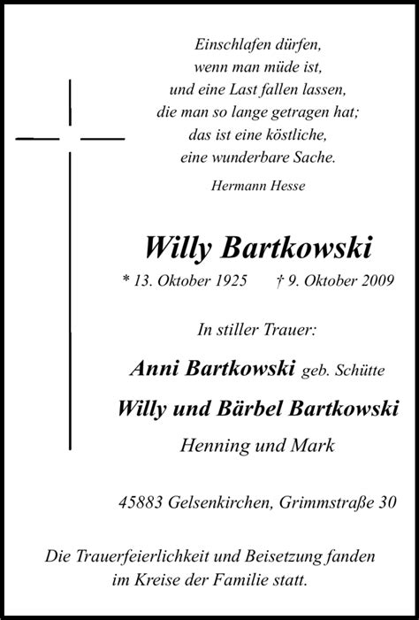 Traueranzeigen Von Willy Bartkowski Trauer In Nrw De