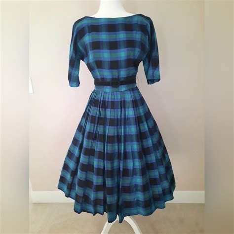 Vintage S Handmade Fit N Flare Dress Blue Black G Gem