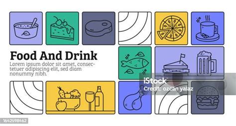 음식과 음료 라인 아이콘 세트 및 배너 Design스테이크 치킨 초밥 피자 햄버거 에스프레소 물 음식에 대한 스톡 벡터 아트 및