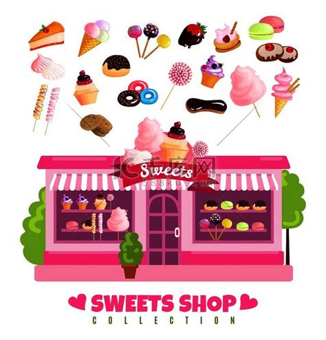 糖果店系列设计理念与店面和烘焙甜点产品设置孤立的矢量插图。背景图片免费下载 海报banner 高清大图 千库网 图片编号6318144