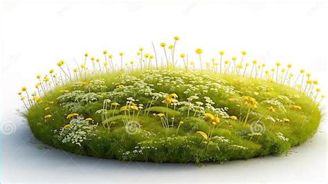 Grassy Field With Wild Flowers Isolated On White Background 3d Render