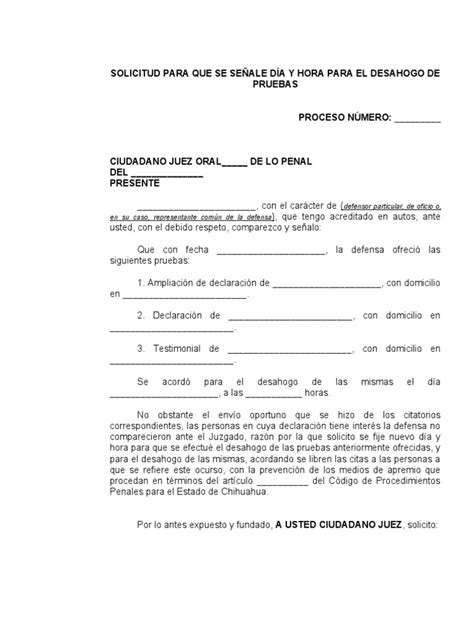 Solicitud Para Que Se Señale Día Y Hora Para El Desahogo De Pruebas Pdf
