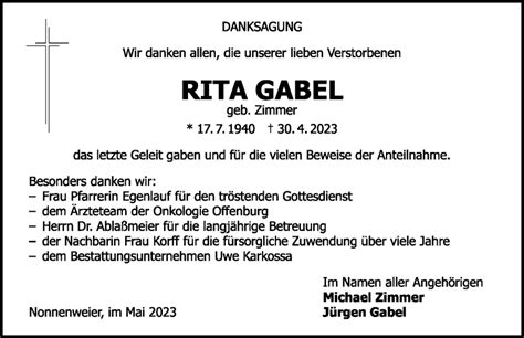 Traueranzeigen Von Rita Gabel Schwarzwälder Bote Trauer