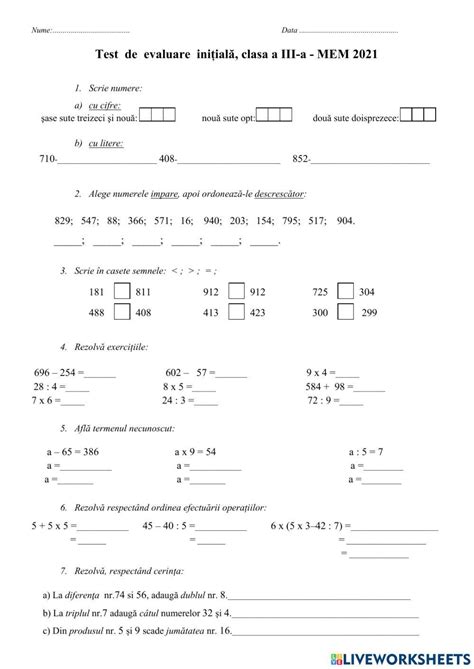 Evaluare Initiala 1466480 Corysor Live Worksheets