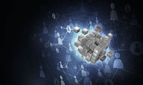 Concept Of Internet And Networking With Digital Cube Figure On Dark