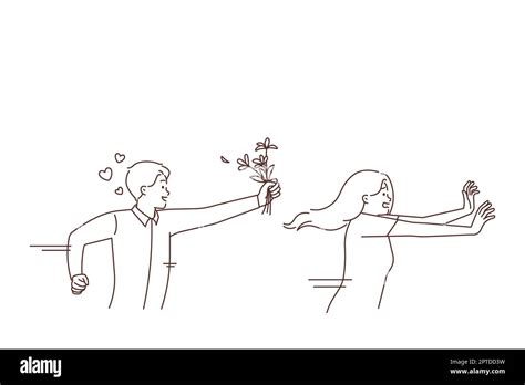 Excited Man Run After Woman With Flowers Avoiding Him Male Admirer