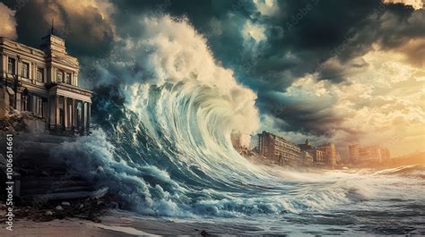 A Depiction Of A Natural Rampage With A Massive Tidal Wave Crashing