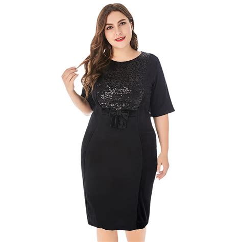 Rosegal Plus Size Dress Women Half Sleeve Sequins Bowknot O Neck Bodycon Dress Black Party