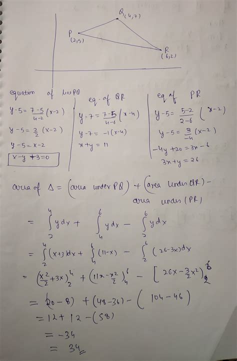 using integration find the area of the triangle pqr whose vertices are at p 2 5 q 4 7