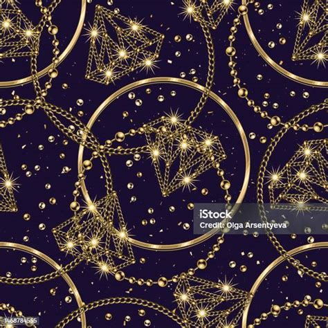 다이아몬드가 있는 보석 패턴 금 사슬의 원 흩어지는 황금 구슬 작은 반짝이는 입자 브랜딩 선물 장식 섬유 표면 디자인을 위한 고급 배경 0명에 대한 스톡 벡터 아트 및 기타