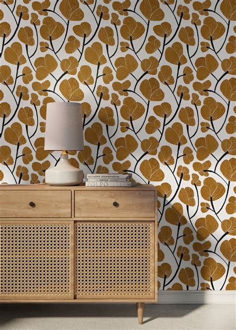 Mustard Yellow Floral Wallpaper Peel And Stick Wallpaper Removable