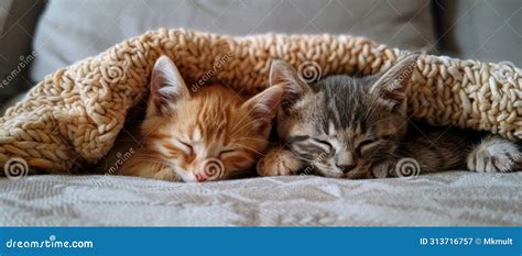 Two Kittens Sleeping In Blanket On Bed Stock Image Image Of Cute
