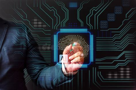 Man Pointing A Pen To Artificial Intelligence Network Stock Image