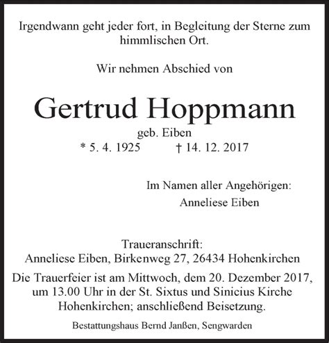 Traueranzeigen Von Gertrud Hoppmann Nordwest Trauer De