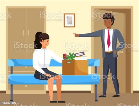 해고 개념 엄격한 남자 상사는 직원을 해고 불행한 소녀는 상자에 물건으로 사무실을 떠나 가공의 인물에 대한 스톡 벡터 아트 및