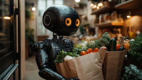Ai Generated A Black Robot With Orange Eyes Is Seen Grocery Shopping Stock Illustration