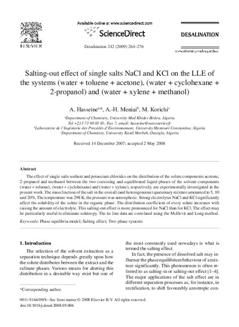 Pdf Salting Out Effect Of Single Salts Nacl And Kcl On The Lle Of The Systems Water Toluene