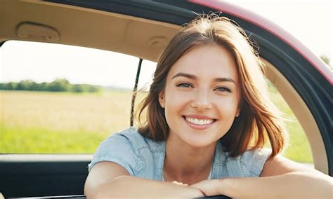 A Young Smiling Women Leaning Out Of Window Of A Car And Spreading Her
