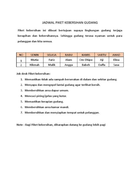 Jadwal Piket Kebersihan Gudang Pdf