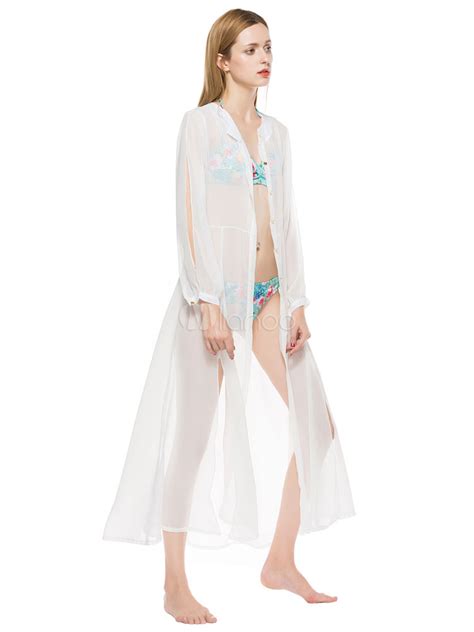 Chiffon Cover Ups Round Neck Long Sleeve Semi Sheer Beachwear For Women