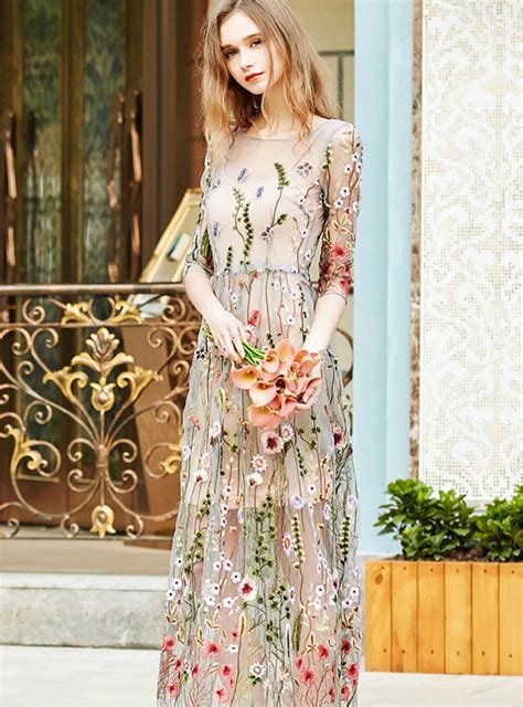 Half Sleeves Sheer Mesh Embroidery Boho Bohemian Long Dress Ncocon