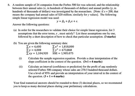 solved a random sample of 24 companies from the forbes 500 list was