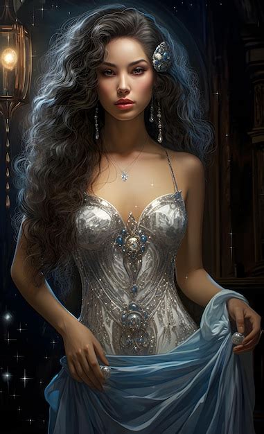 Premium Ai Image Moon Goddess In An Embellished Silver And Blue Gown